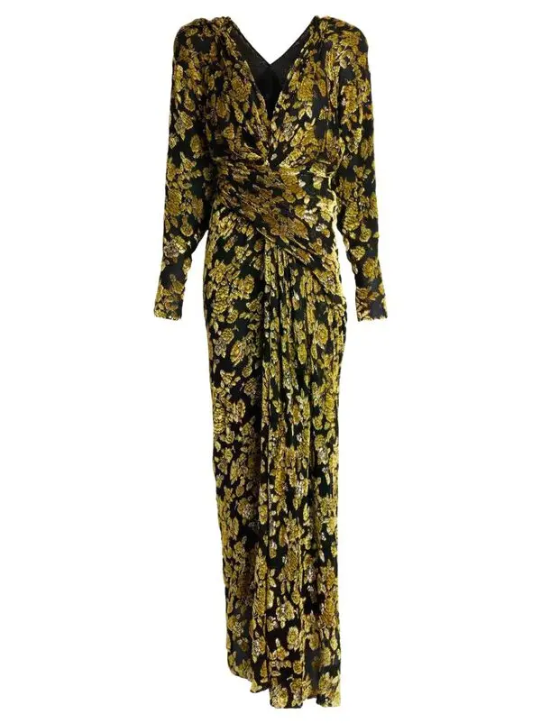 Balmain Long Velvet-jacquard Floral Dress - Gold