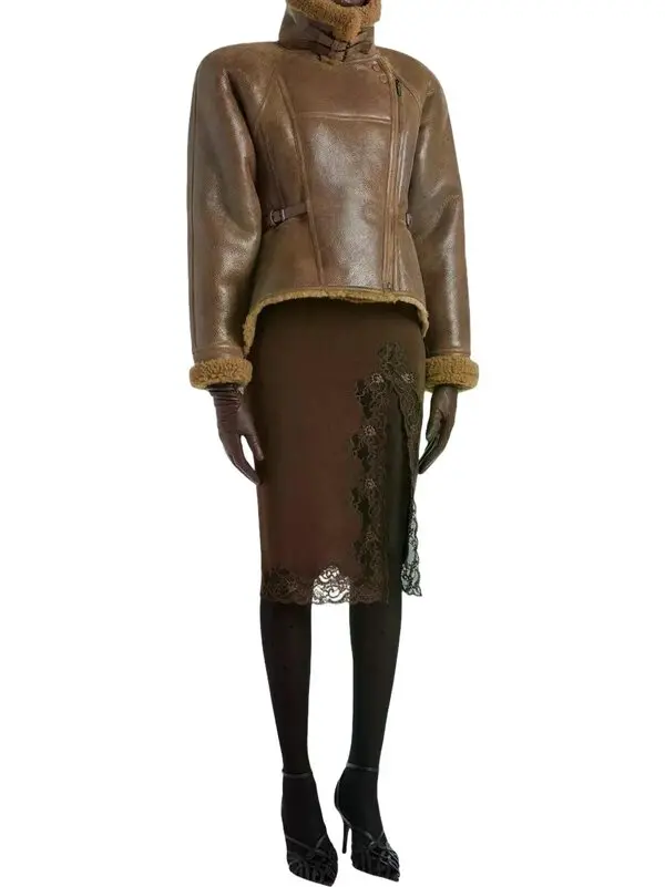 Balmain Knit Midi Skirt With Lace Trim - Brown