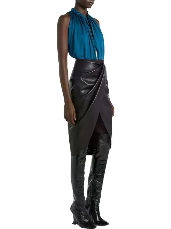 Balmain Draped Lambskin Midi Skirt - Black