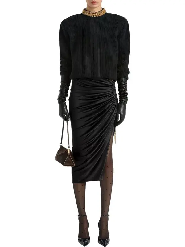 Balmain Flowing Jersey Midi Skirt With Slit - Black