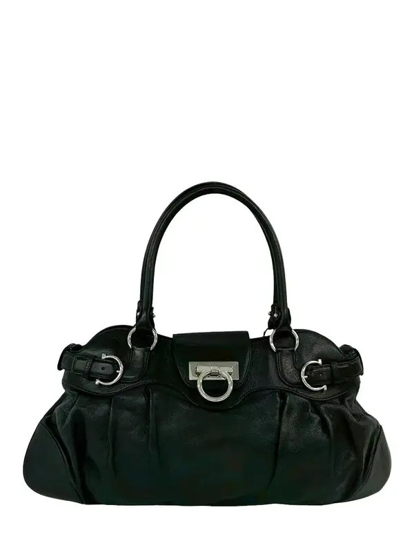 FERRAGAMO Leather Gancini Marisa Handbag - Black