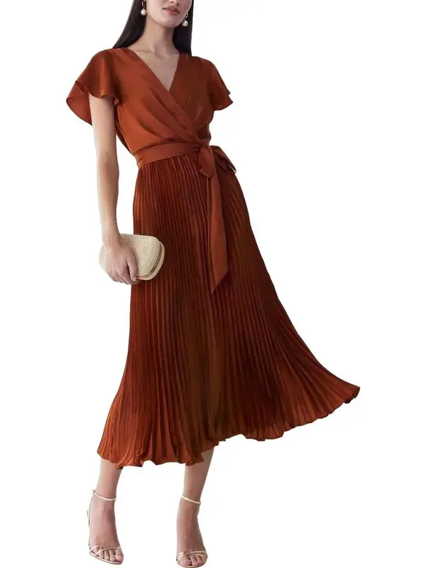 WILLA Wrap Style Midi Dress With Pleated Skirt - Brown