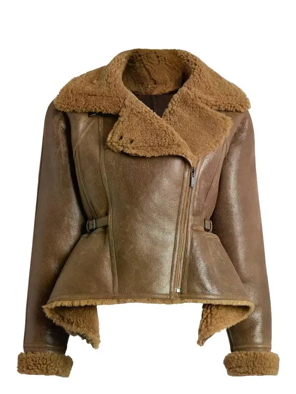 Balmain Shearling Peplum Jacket - Brown