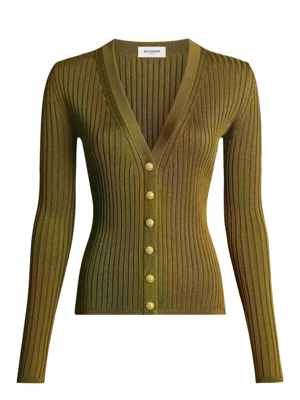 Balmain Buttoned Ribbed Knit Cardigan - Green