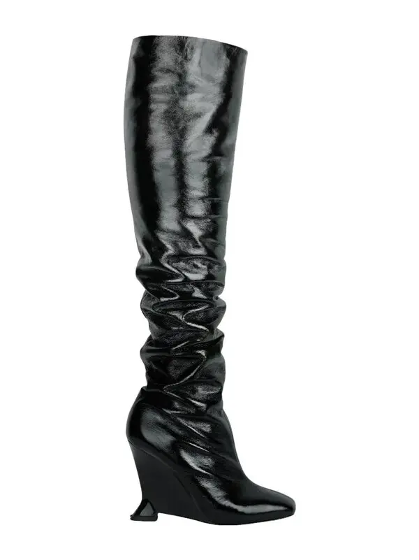 Balmain Thigh-high Wedge Boots In Crinkled Patent Leather - Black