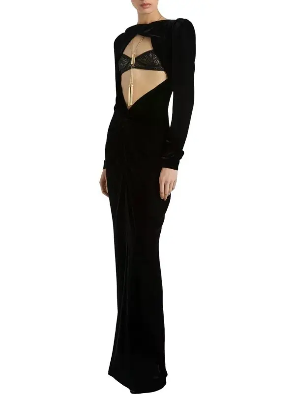 Balmain Long Velvet And Lace Gown - Black