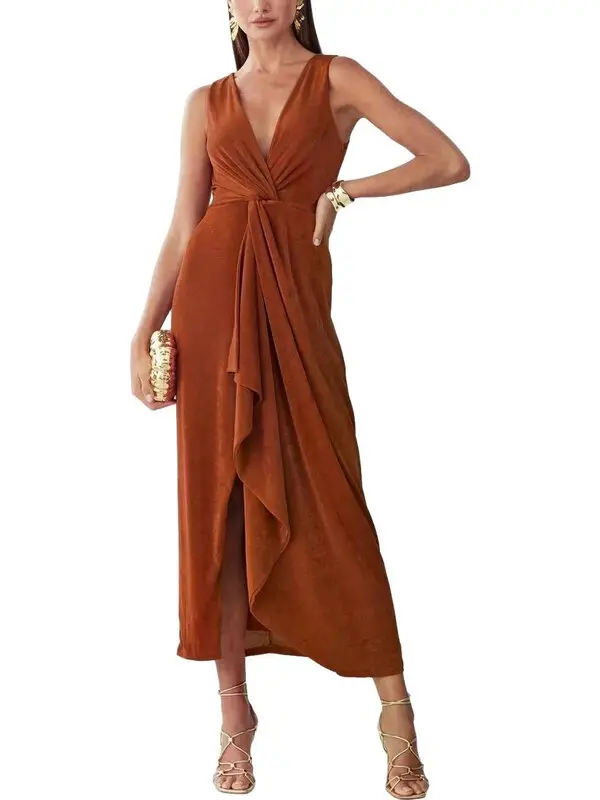 BWLDR V-neck Sleeveless Midi Dress With Twist Detail - Brown