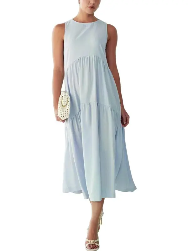 ST MRLO Sleeveless Midi Dress With Round Neck And Flared Skirt - Blue