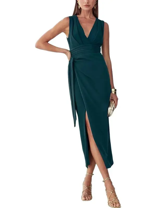 BWLDR Denny Ruched Waist Midi Dress - Green