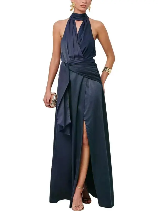 SAVEL Halterneck Tie-waist Maxi Dress - Blue