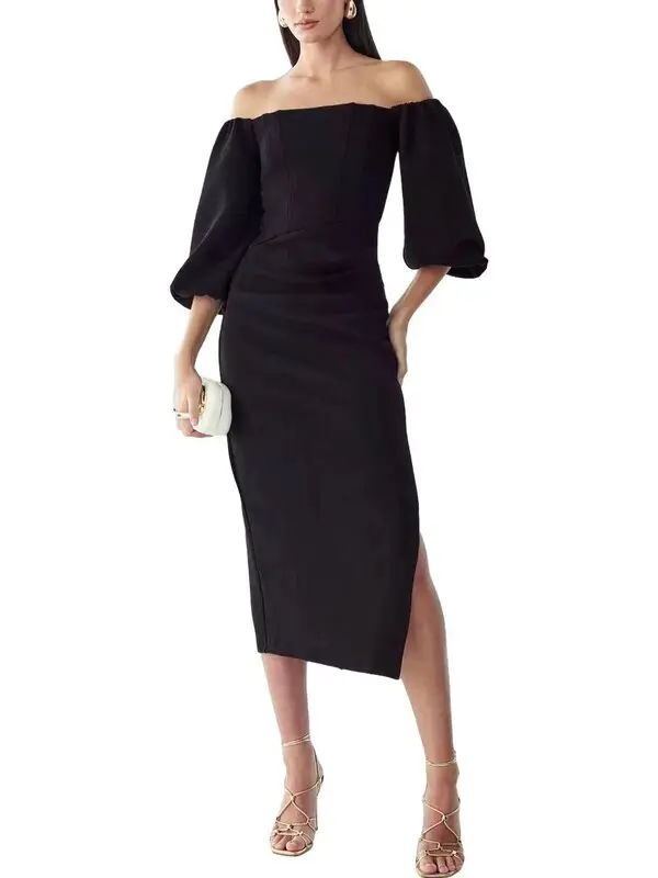 BWLDR Off-shoulder Puff Sleeve Midi Dress - Black