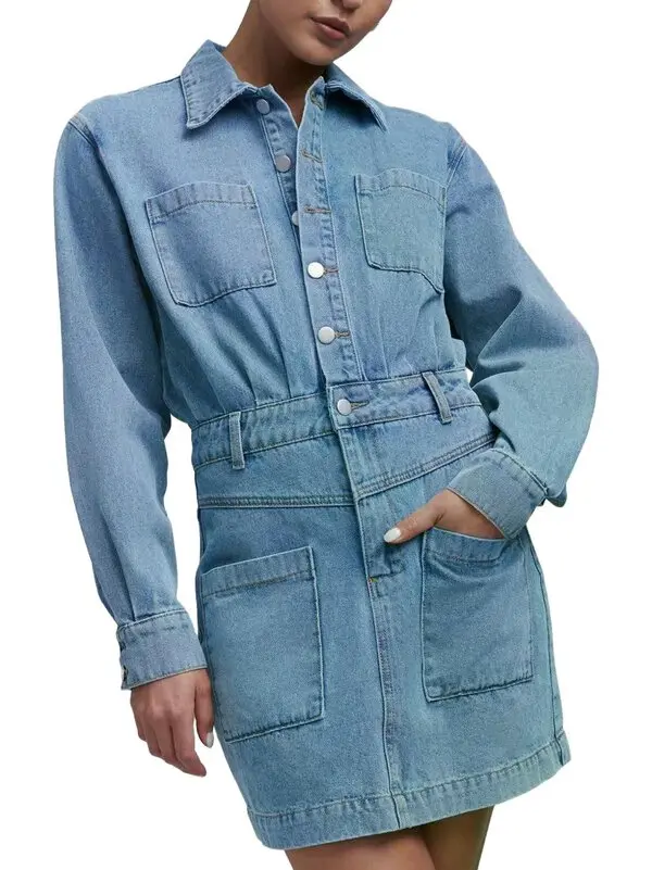 BWLDR Cannes Button-up Denim Mini Dress - Blue