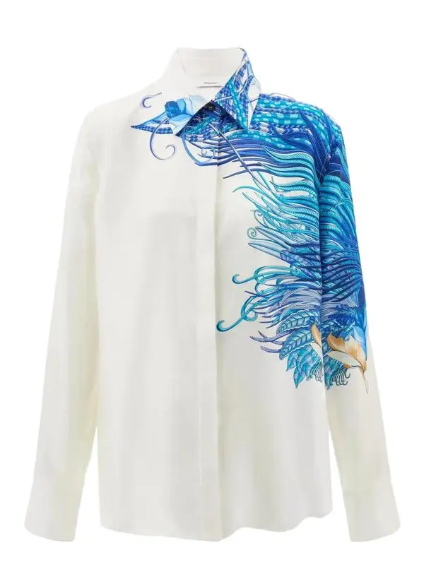 FERRAGAMO Silk Twill Feather Print Shirt - White