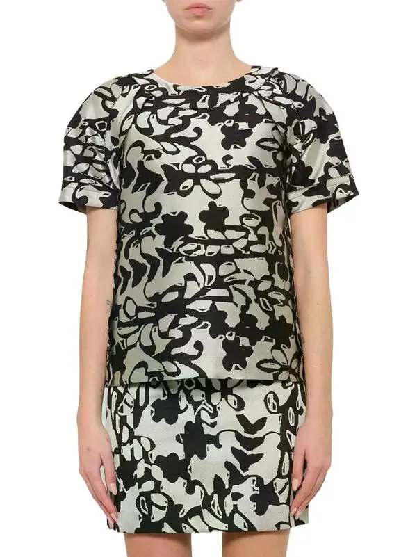 LANVIN Abstract Print Round Neck Short Sleeve Top - Neutrals