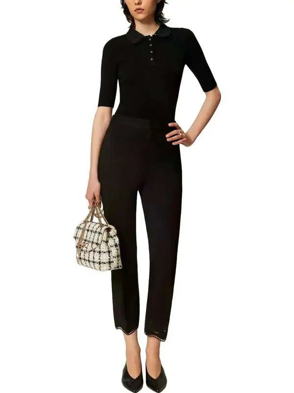 TWINSET Straight Trousers With Broderie Anglaise Detail - Black