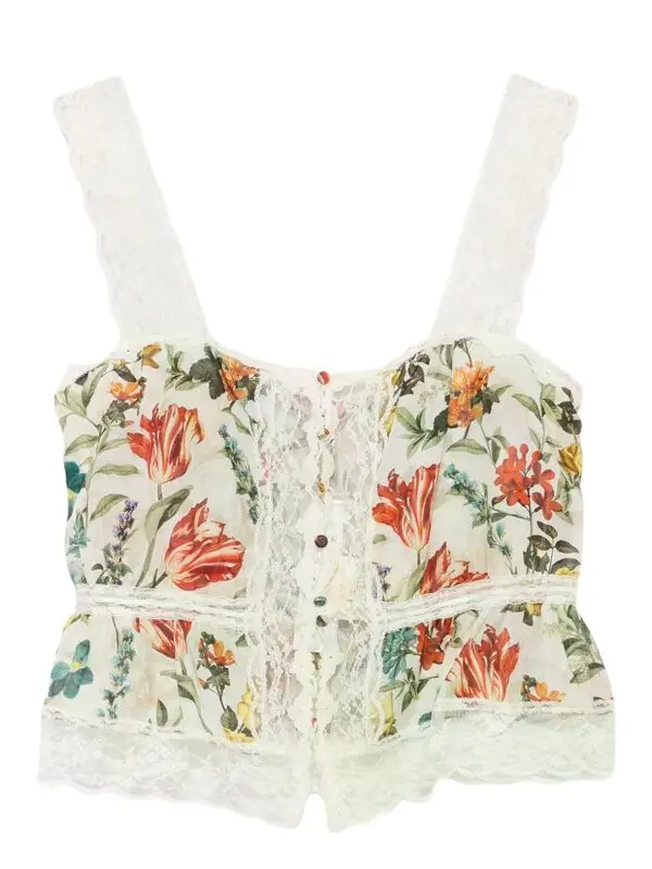 Alice + Olivia Floral Print Lace Trim Top - White