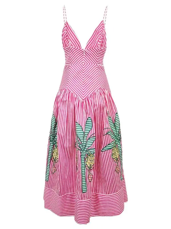 Farm Rio Palm Tree Embroidered Striped Midi Dress - Pink