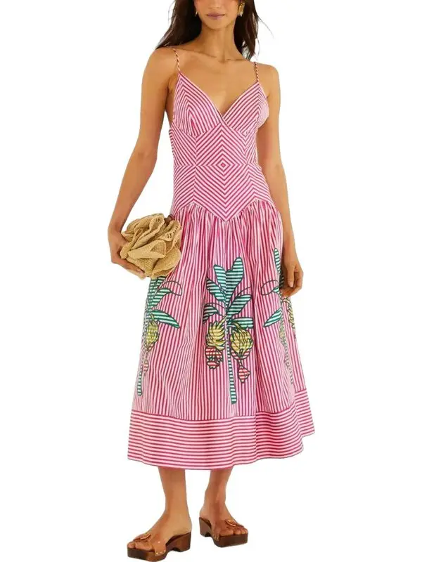 Farm Rio Palm Tree Embroidered Striped Midi Dress - Pink
