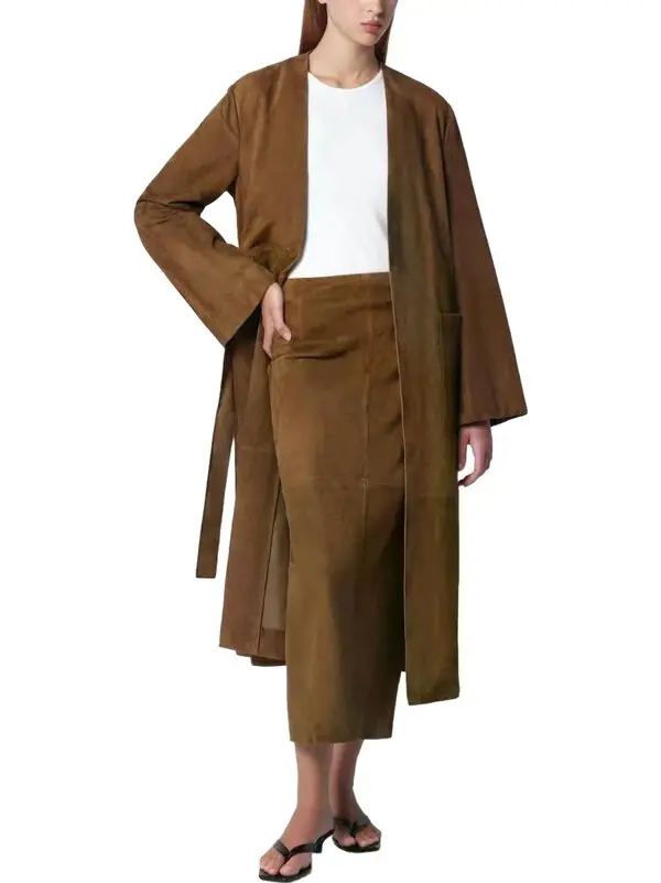 Nour Hammour Belted Suede Trench Coat - Brown
