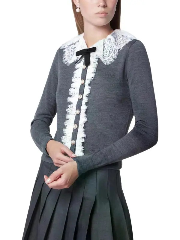 SELF-PORTRAIT Lace Collar Ruffled Cardigan - Grey