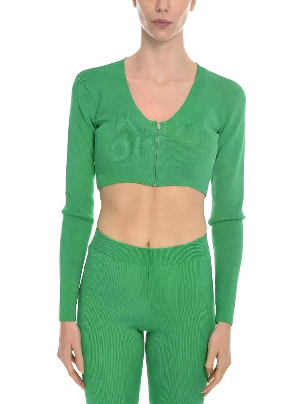HERSKIND Cropped Ribbed Knit Zip-up Cardigan - Green