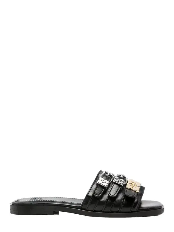 GANNI Buckle-detail Leather Slides - Black