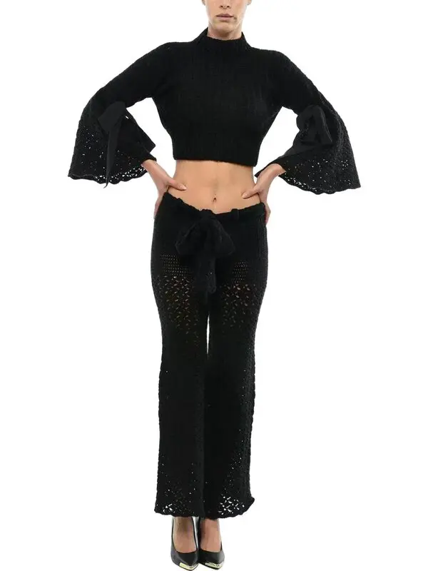 MATIMI Openwork Knit Belted Wide-leg Trousers - Black