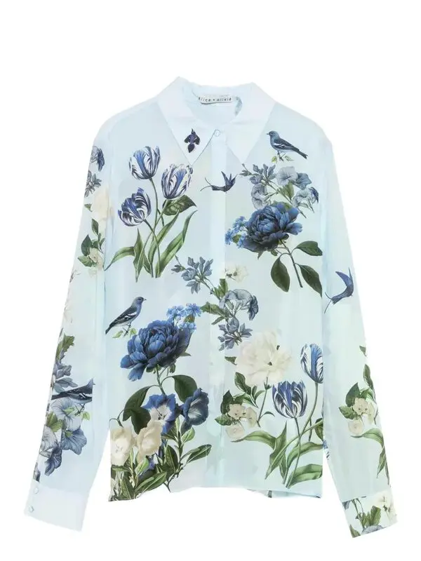 Alice + Olivia Floral Print Bird Motif Shirt - Blue