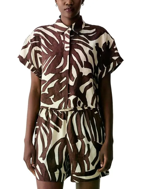 BENETTON Leaf Print Short Sleeve Shirt - Brown