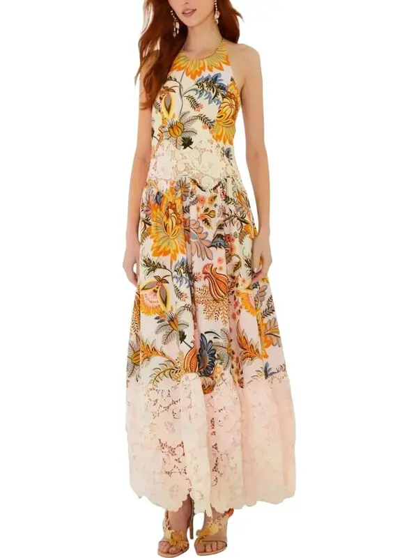Farm Rio Floral Print Lace Panel Maxi Dress - Pink