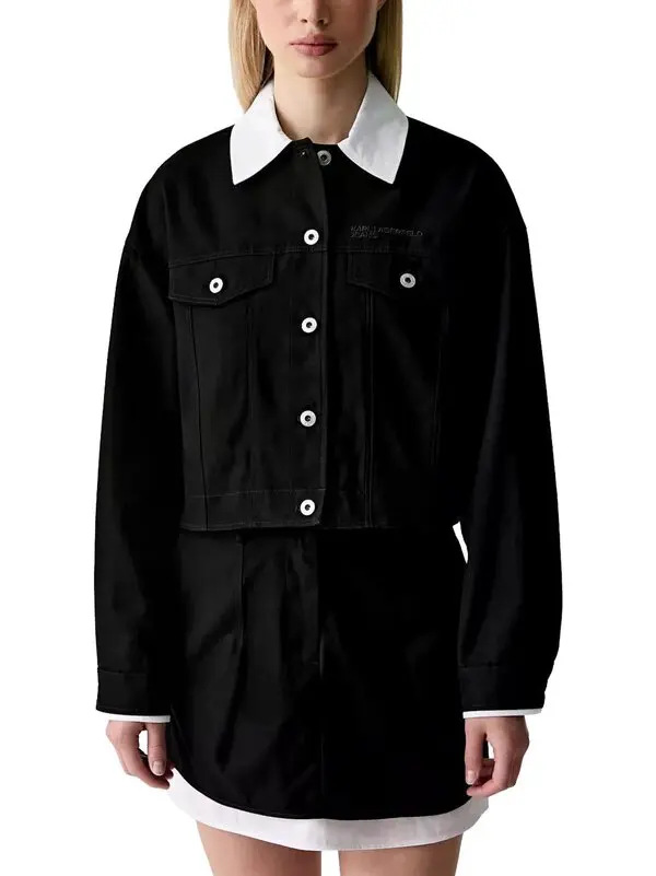Karl Lagerfeld Cropped Denim Jacket With Logo Embroidery - Black