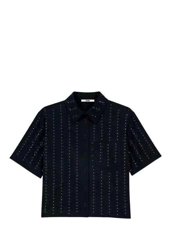Maje Cropped Rhinestone Cotton Shirt - Black