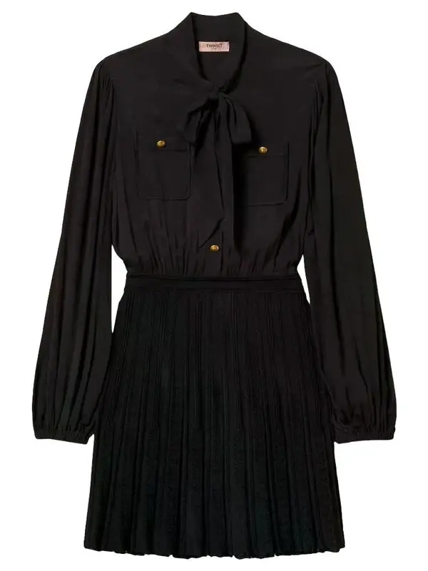 TWINSET Short Dress With Knitted Skirt And Pussy Bow Neck - Black
