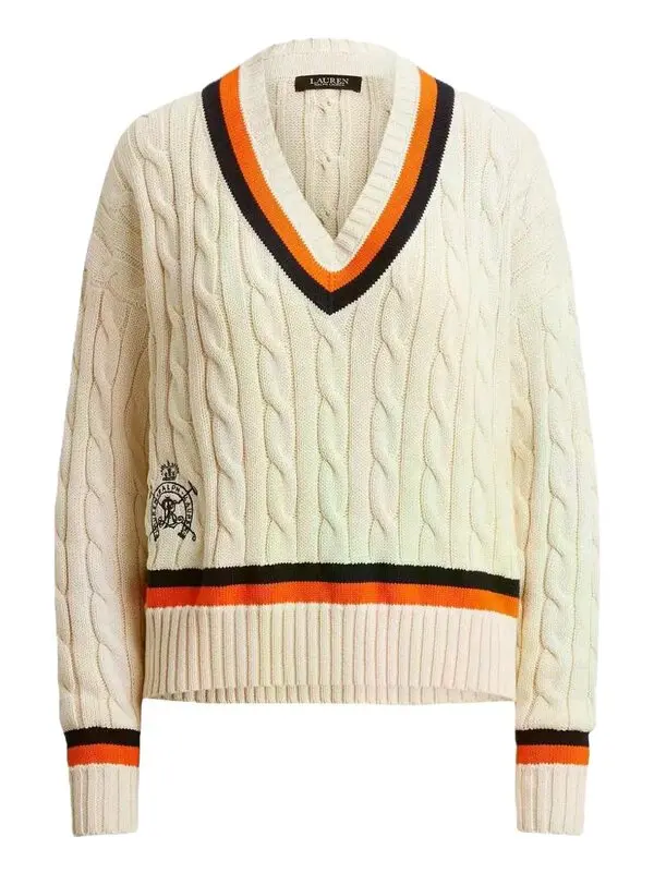 Ralph Lauren Cable-knit V-neck Sweater With Stripe Trim - Neutrals