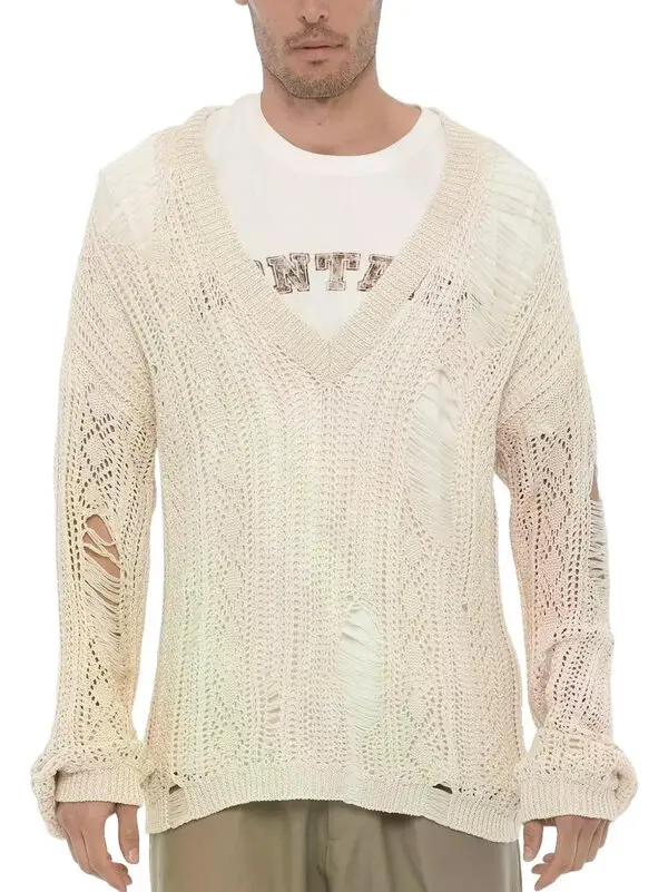 RAMAEL Openwork Distressed Knit V-neck Sweater - Neutrals