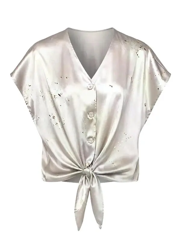 Max & Moi Taupe Beige Satin Paint-splatter Tie-front Shirt - Neutrals