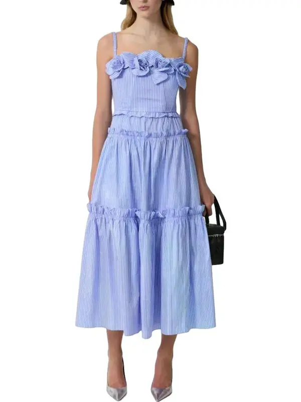 AKNVAS Floral Appliqué Ruffled Midi Dress - Blue