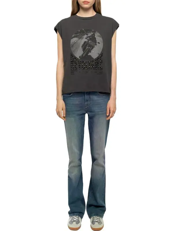 Zadig&Voltaire Cloe Motorcycle Print Rhinestone Embellished Tank Top - Grey