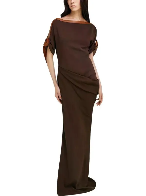 FERRAGAMO Long Viscose Dress With Leather Inserts - Brown