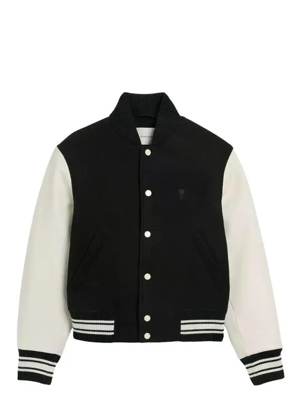 AMI Paris Wool And Leather Teddy Jacket With Embroidery - Black