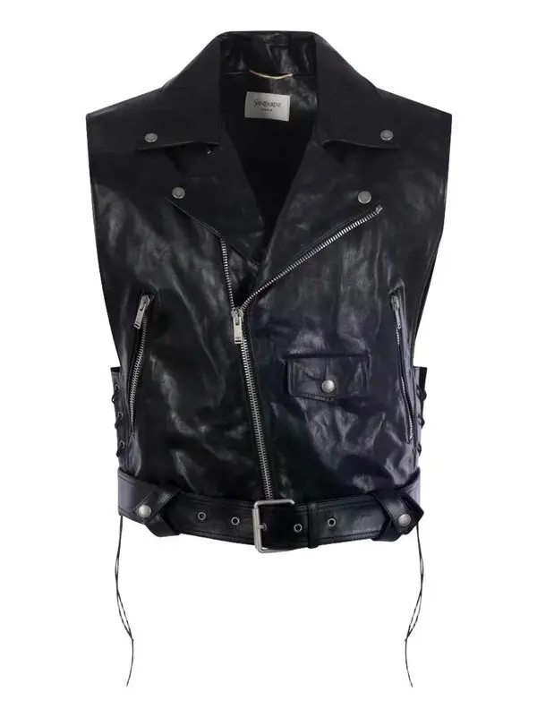 Saint Laurent Belted Leather Waistcoat - Black