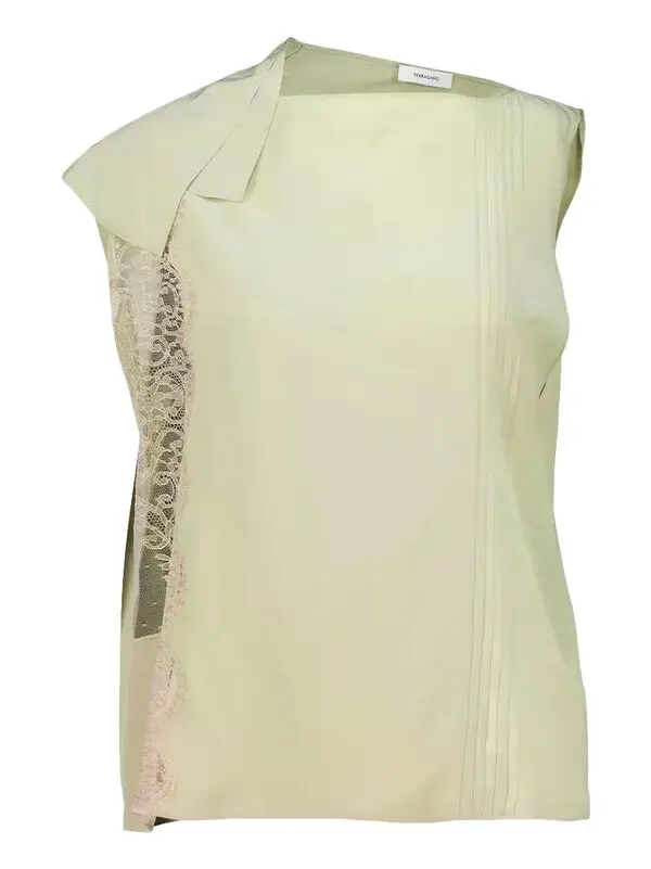 FERRAGAMO Sleeveless Lace-panelled Pintuck Silk Top - Green