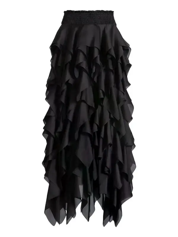Balmain Long Ruffled Silk Skirt - Black