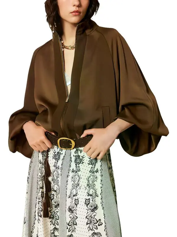 TWINSET Zip-up Balloon-sleeve Bomber Jacket With Satin Finish - Brown