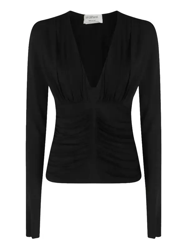 Sportmax Ruched V-neck Long Sleeve Top - Black