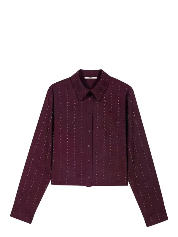 Maje Cropped Rhinestone Striped Cotton Shirt - Red