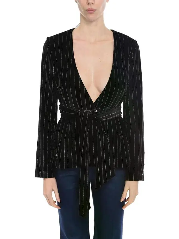 Philipp Plein Striped Belted V-neck Long Sleeve Blouse - Black