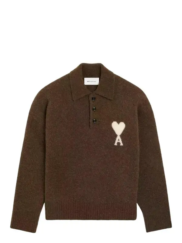 AMI Paris Alpaca Polo With De Coeur Motif - Brown