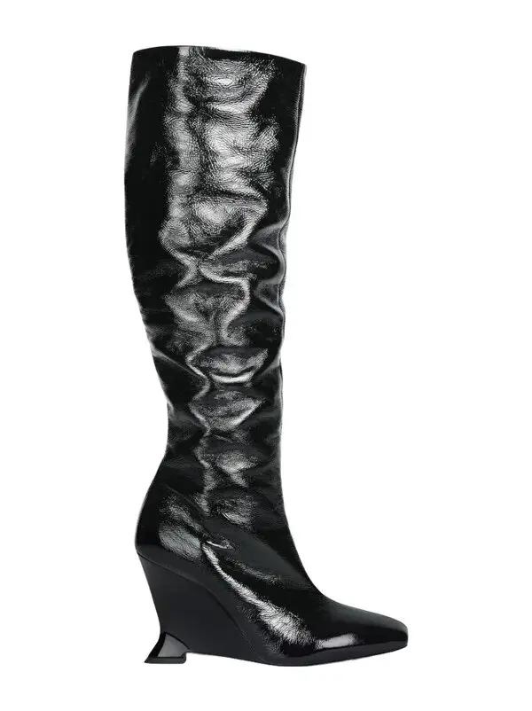 Balmain Crinkled Patent Leather Wedge Boots - Black