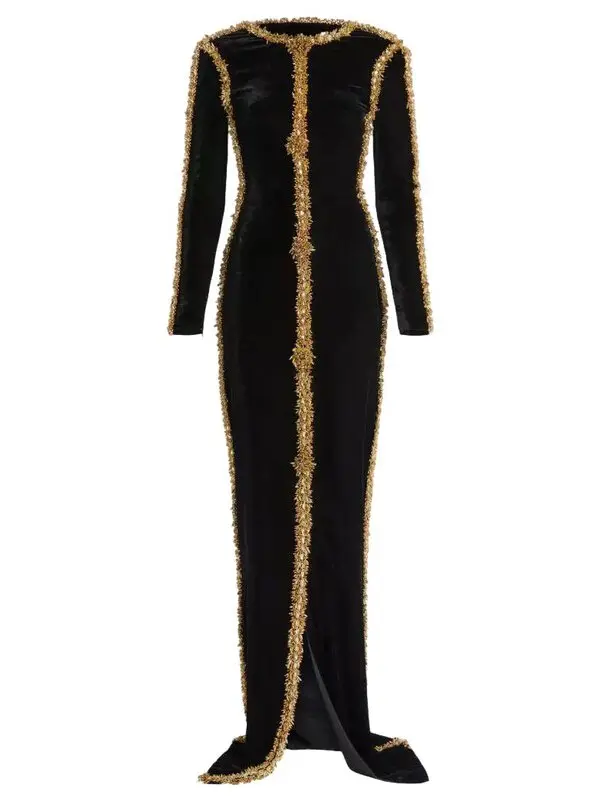 Balmain Long Velvet Dress With Embroidered Trim - Black